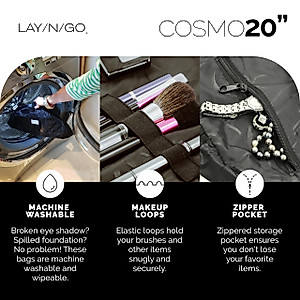 Lay-n-Go Cosmo Drawstring Cosmetic & Makeup Bag Organizer - Portable Drawstring Makeup Bag w/Zipper Pocket, Makeup Loops & More - Durable, Machine Washable Makeup Bag for Travel (20”, Black)