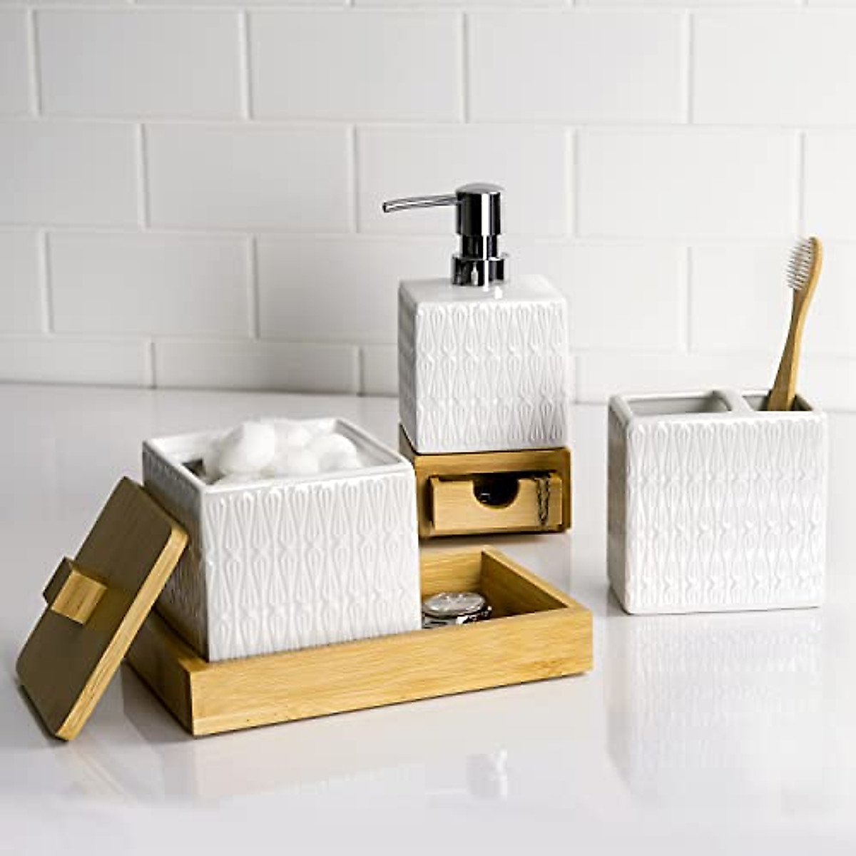 Allure Home Creation Kismet 4-Piece White Ceramic with Bamboo Bathroom Countertop Accessory Set, White and Natural