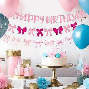 VorkiVecKi Coquette Happy Birthday Banner - Pink Bow Birthday Decorations 3 Pcs Happy Hanging Ribbon Banner Sweet Streamers Garland Decor for Girls Women Bday Party Decoration Supplies