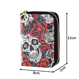 MOYYO RFID Credit Card Holder Case Vintage Sugar Skull Red Rose Leather Printed Zipper Card Case Wallet for Women Girls