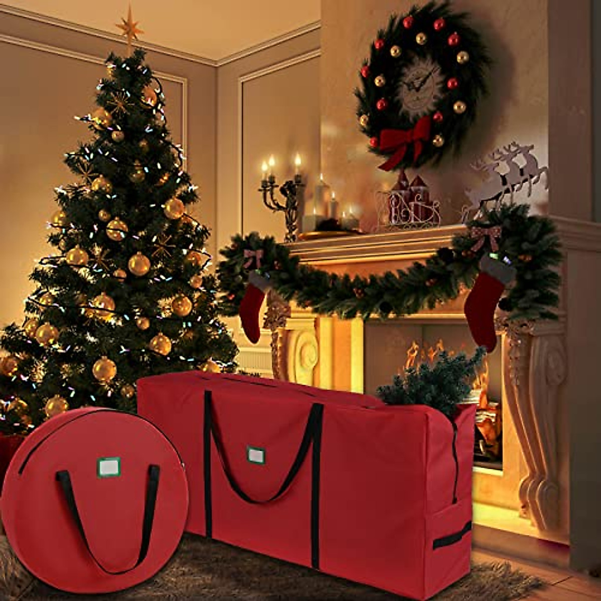 Christmas Tree Wreath Storage Bag, 2 Pack Container Bags Fits Up to 9 Foot Large Artificial Xmas Tree & 30" Holiday Garland Wreaths, 600D Waterproof Oxford Durable Handles & Sleek Zipper & Card Slot