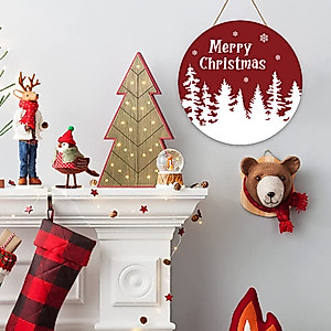 Merry Christmas Wooden Hanging Sign Plaque Christmas Forest Xmas Tree Decor for Holiday Farmhouse Front Door Porch Wall Window Outside Decorations 12x12 Inch