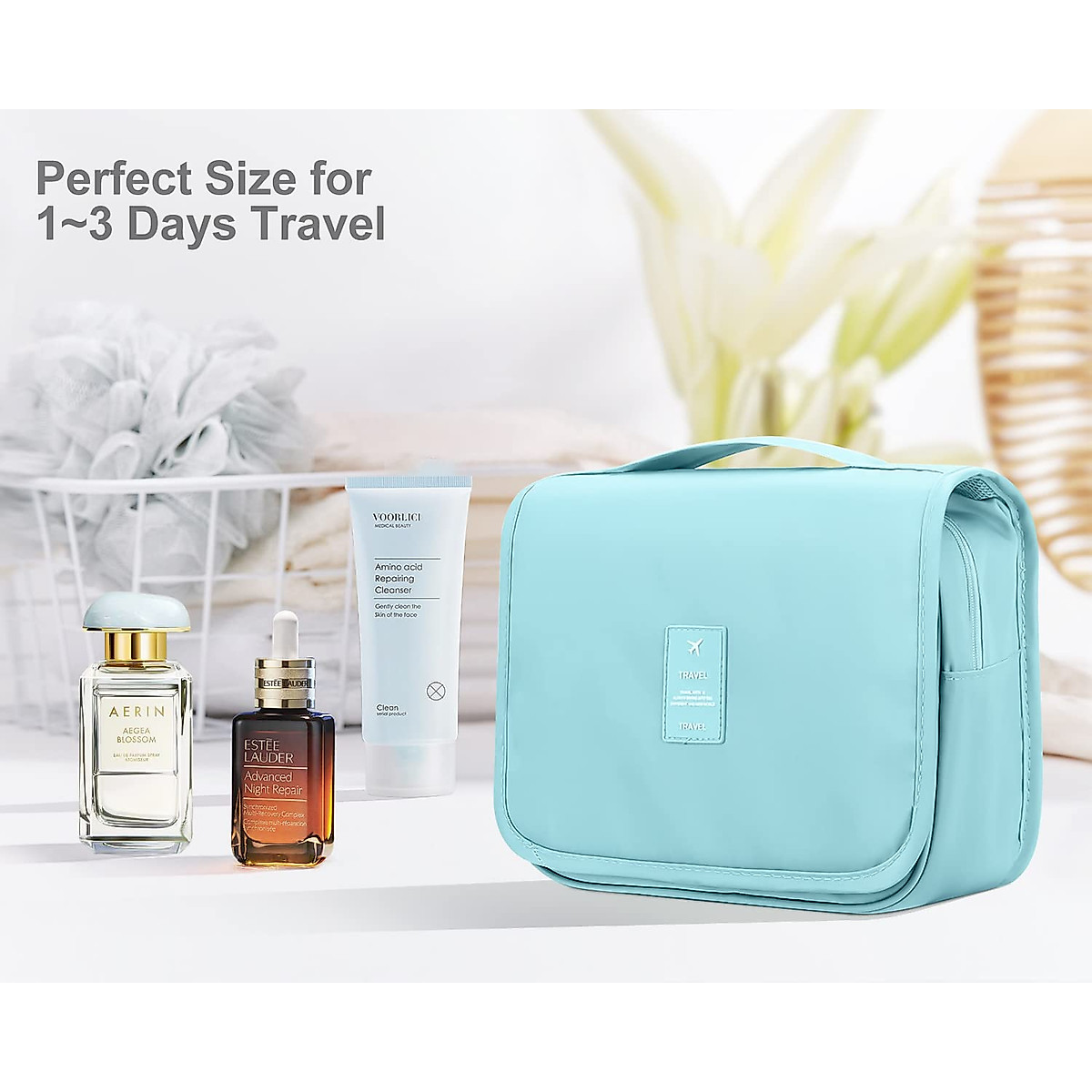 Luxtude Small Hanging Toiletry Bag for Women, Water-resistant Travel Toiletry Bag with Hanging Hook, Portable Toiletry Travel Organizer Bag for Toiletries, Shower, Bathroom, Cosmetics etc.(Blue)