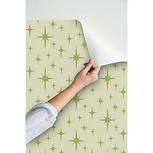 Peel & Stick Wallpaper Swatch - Atomic Age Green Vintage Star Retro Midcentury Modern 1950S Space Custom Removable Wallpaper by Spoonflower