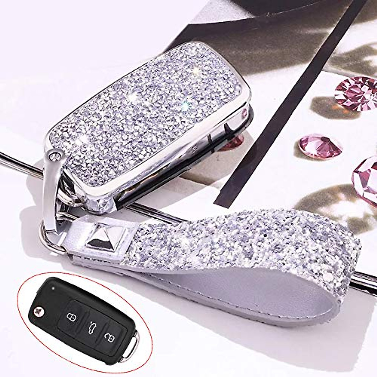 Royalfox(TM) 3 Buttons 3D Bling flip Folding Remote Key Fob case Cover for VW Volkswagen Jetta GTI Passat Golf Tiguan Touareg Beetle Multivan Sagitar Passat Accessories,with Keychain (Silver)