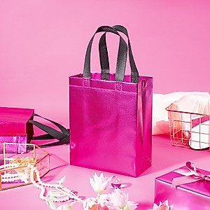 WRAPAHOLIC 12 Pack Reusable Hot Pink Gift Bag with Handles - Medium Size 8 x 4 x 10 inch - Perfect for Baby Gift Bags, Shopping Bag, Goodie Bags, Party Favor Bags