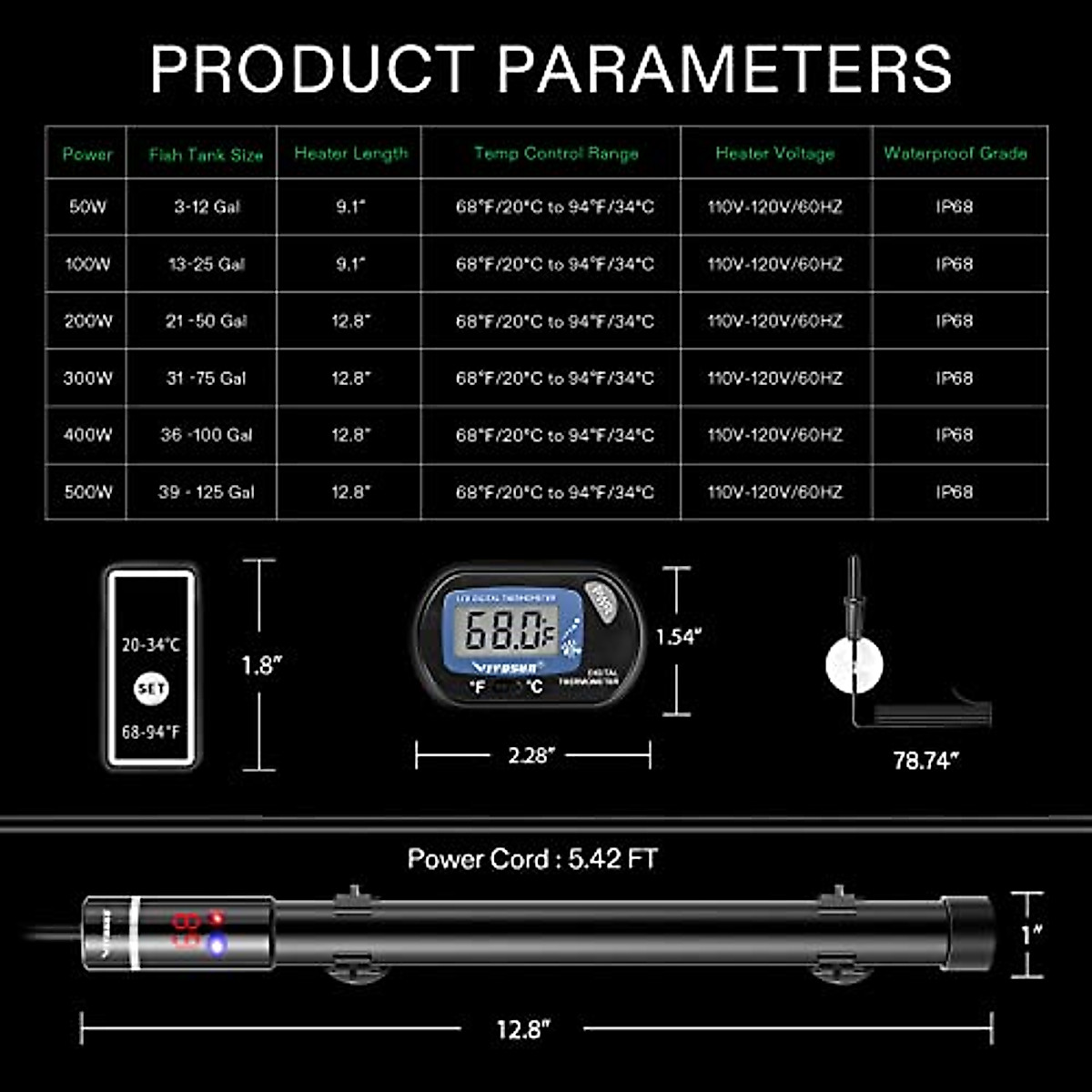 VIVOSUN Submersible Aquarium Heater with Thermometer Combination, 300W Titanium Fish Tank Heaters with Intelligent LED Temperature Display and External Temperature Controller