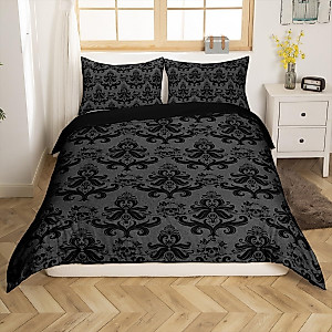 Feelyou Black Bedding Set Twin Size Kids Jacquard Comforter Cover Set for Boys Teens Sugar Skull Duvet Cover Exotic Black Damask Bedspread Cover Room Decor Quilt Cover