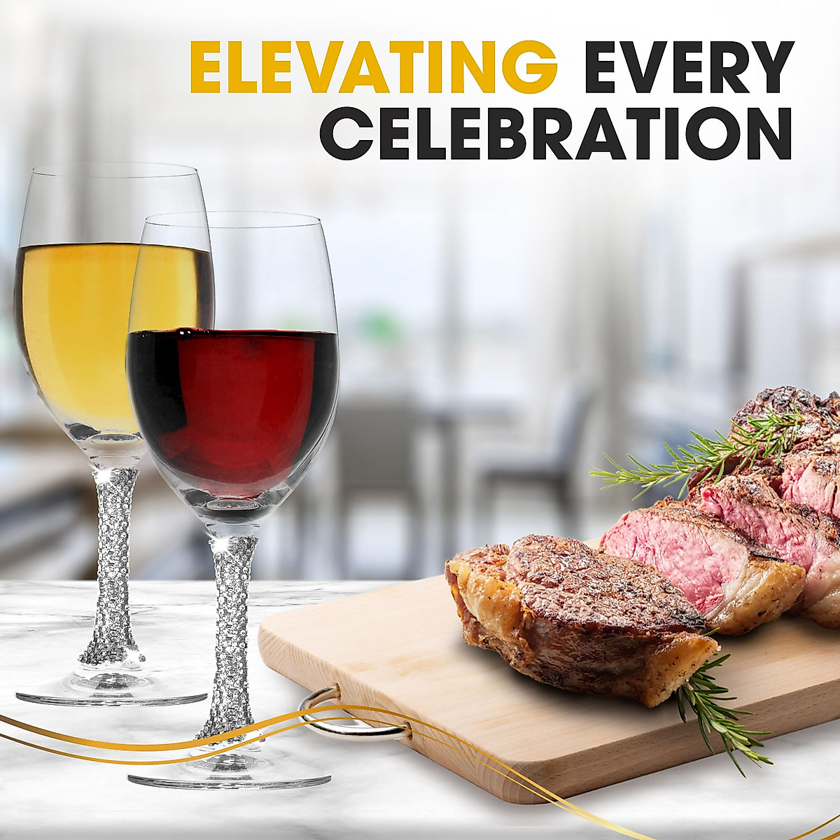 BERKWARE Premium Wine Glasses Set of 2 - Crystal Long Stem Wine Glass with Silver Rhinestone Stem Design - 12 oz