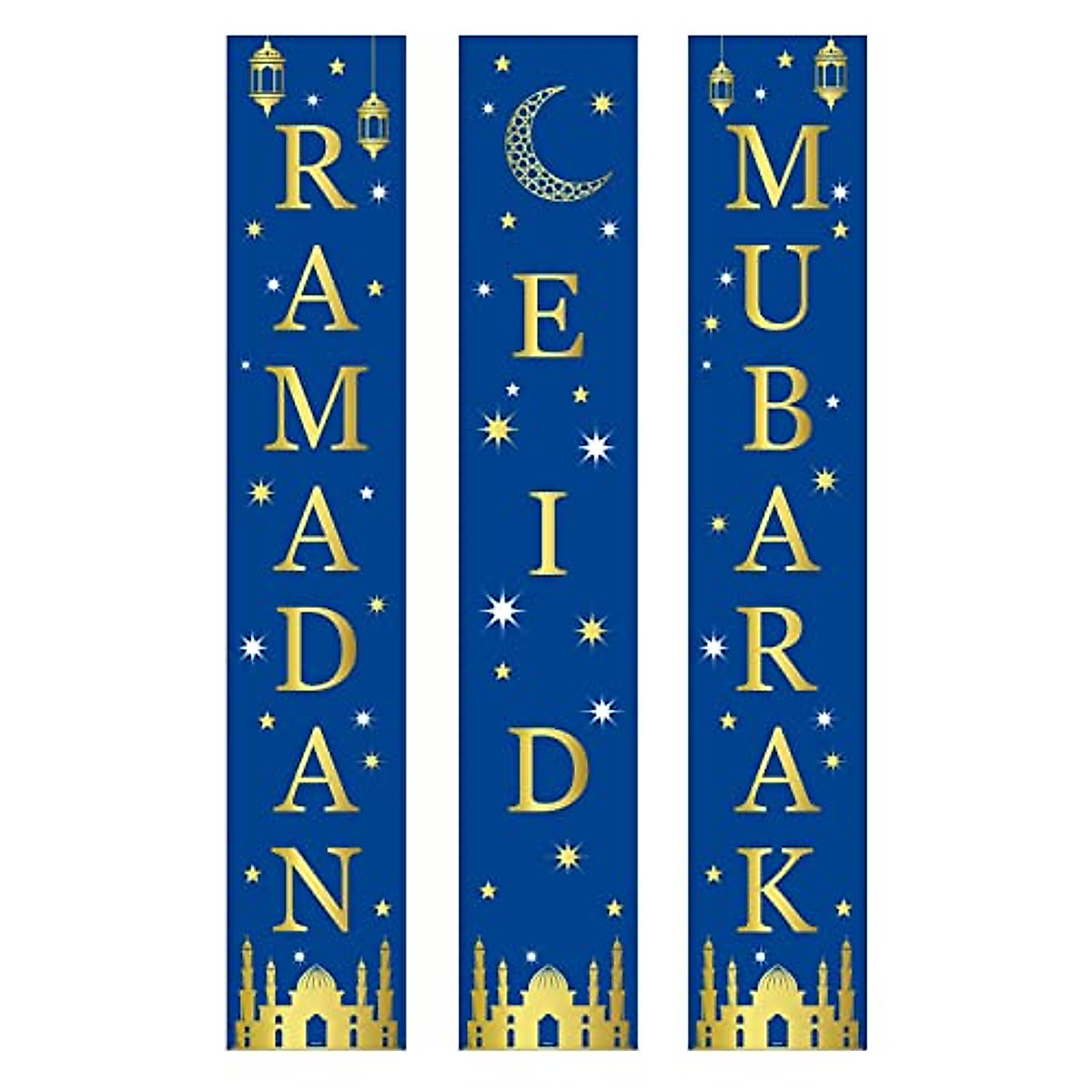 2 in 1 Ramadan Eid Mubarak Door Banner for Home,Mosque,Iftar,Eid Al Adha,Eid Al Fitr, Ramadan and Eid Decoration, Includes 1 Crescent and Star Banner (Blue)