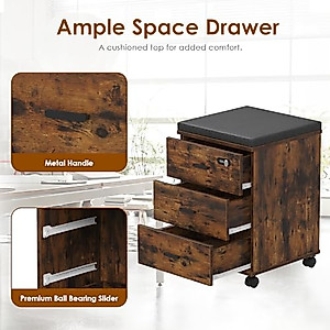 Soohow 3 Mobile Smart Lock Small Rolling Desk Unit Storage Drawers Black Filing Cabinet for Home Office Business, Brown