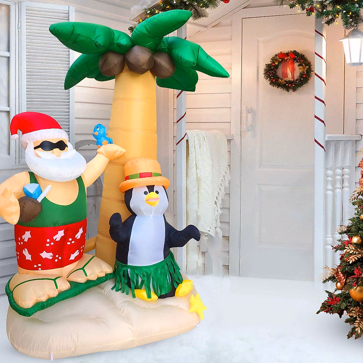 HappyThings! Christmas in July Inflatables Outdoor Decorations for The Yard Blow Up Santa on Vacation w/LED Lights and Blower for Christmas 7x7x4 ft