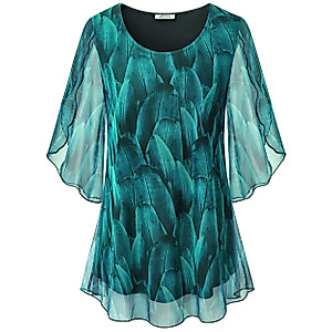 SeSe Code Sheer Tops for Women Chiffon Blouse Mesh Shirt Bell Sleeve Dressy Ladies Tops and Blouses Summer Fashion 2024 Date Night Tops with Elasticity Green M