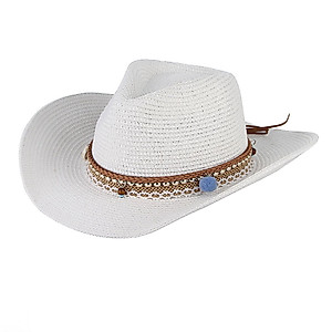 GEMVIE Cowboy Cowgirl Floppy Sun Hat Fedora Straw Wide Brim Bucket Beach Cap White 58cm