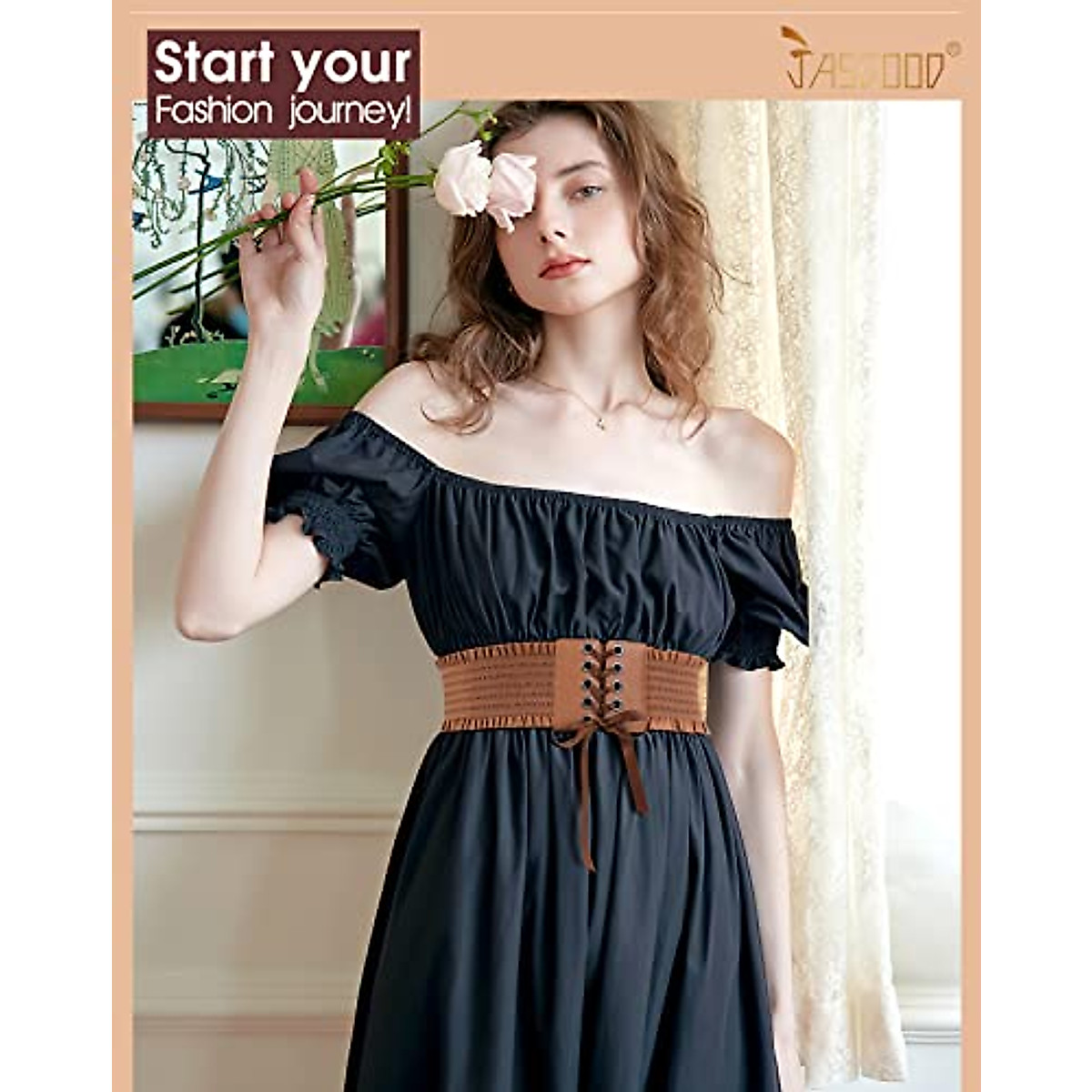 JASGOOD Women Wide Elastic Lace-up Waist Belt,Tied Costume Corset Waist Belt for Dress