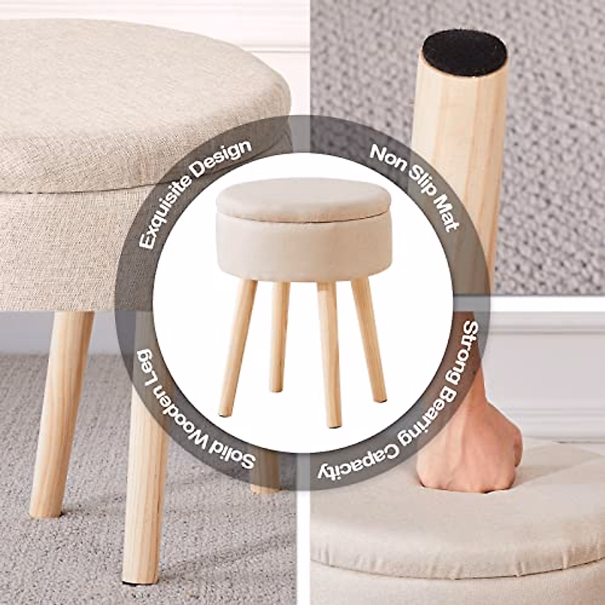 Mxfurhawa Storage Ottoman Linen Round Vanity Stool Tray Top Modern Foot Stool with Wood Legs Multifunctional Upholstered Foot Ottoman Rest for Living Room, Bathroom, Makeup (Beige)