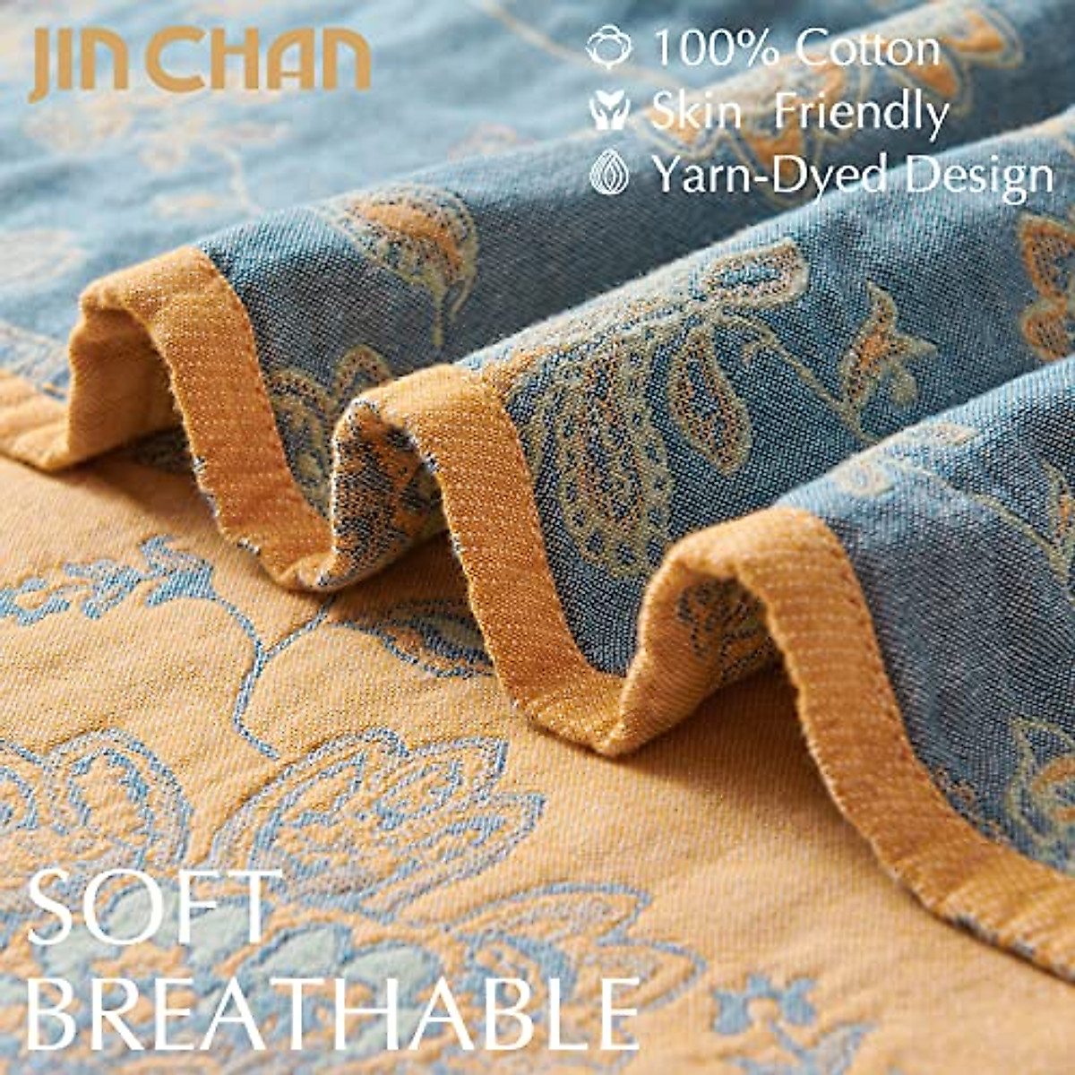 jinchan Yellow Throw Blanket for Couch Spring Cotton Blanket Soft Breathable Lightweight 4 Layer Cozy Blanket Twin Size Reversible Coverlet Floral Blanket Bed Blanket Baby Kid Gift 60x80 Inch