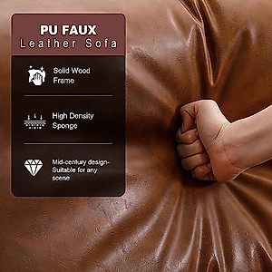 DIFY 77” Mid-Century Modern Loveseat Couch, Leather Faux Sofa with Two Upholstered Cushions, Comfortable Couch with Wooden Frame and 3 Seater, for Living Room, Bedroom, Office(Brown)