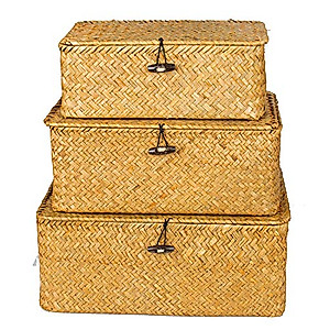 Yesland Shelf Baskets with Lid Set of 3, Handwoven Seagrass Storage Bins Box Rectangular Seagrass Basket Storage Organizer Wicker Basket for Shelf