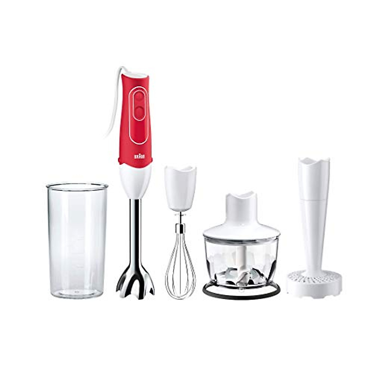 Braun MultiQuick 5 Immersion Hand Blender Patented Technology-Powerful 350 Watt-Dual Speed-Includes Beaker, Whisk, 2-Cup Chopper, Masher, 536, Red