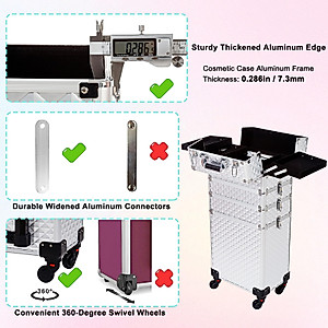 AROUS Rolling Makeup Train Case Large Storage Cosmetic Trolley 4 in 1 Large Capacity Trolley Makeup Travel Case with Key Swivel Wheels Salon Barber Case Traveling Cart Trunk, Silver