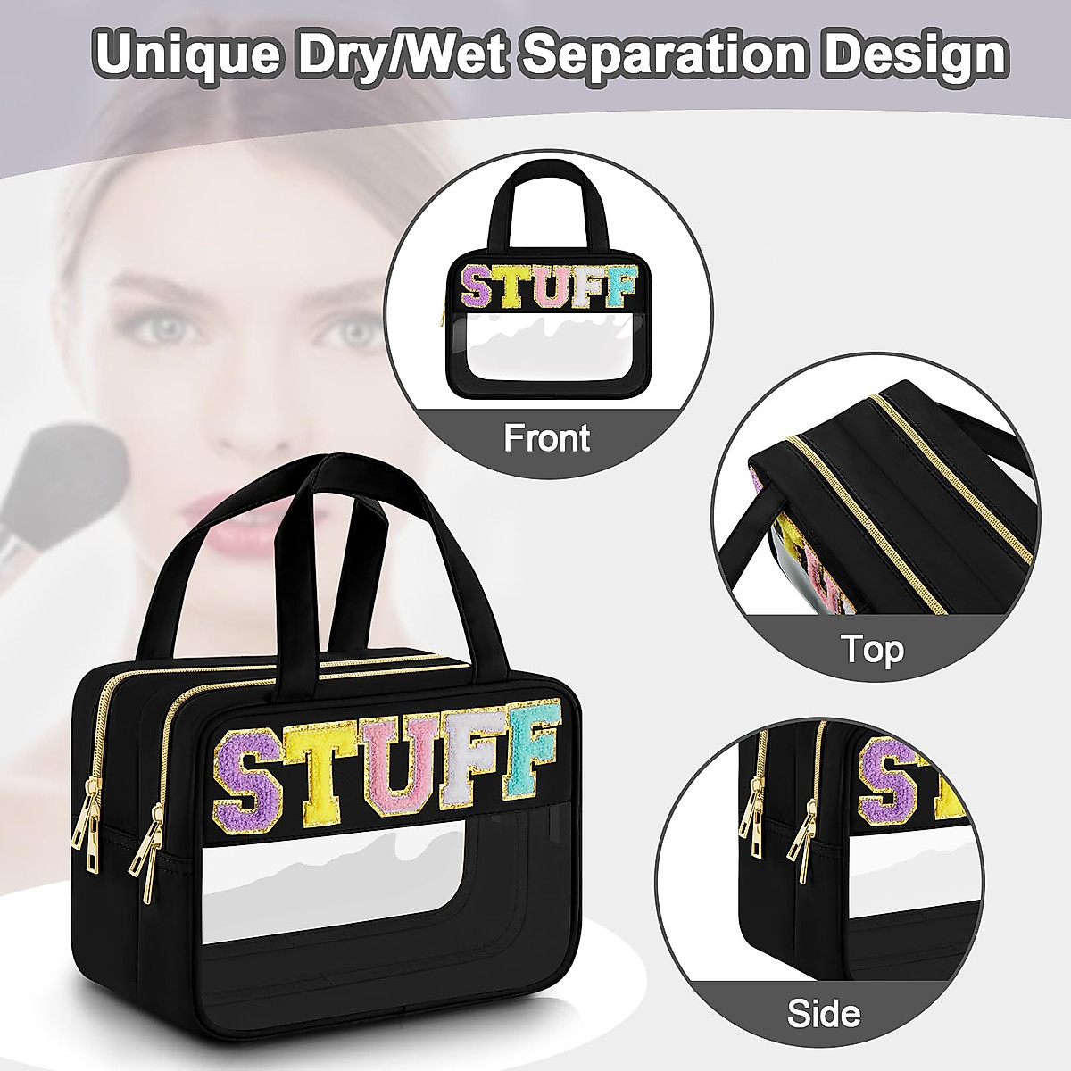 SIMBOOM Clear Letter Makeup Bag, Black, L Size, Clear Bag