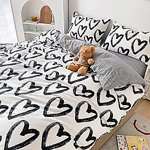 Wellboo Love Comforter Sets Queen Black and White Bedding Comforters Cotton Women Girls Heart Shaped Bed Quilts Brush Ink Love Pattern Quilts Adults Girls Modern Kawaii Black White Dorm Comforters