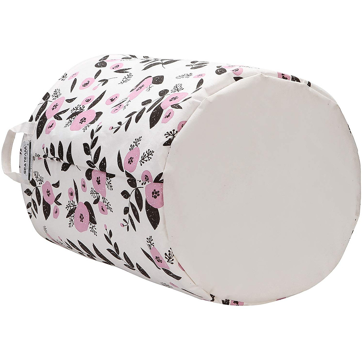 Sea Team 19.7" x 15.7" Large Sized Folding Cylindric Canvas Fabric Laundry Hamper Storage Basket with Floral Pattern, Pink & Black