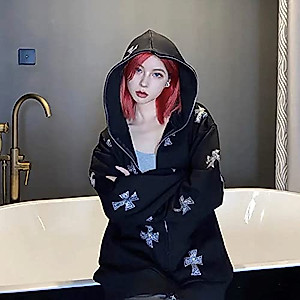 SOLILOQUY Women Hip Hop Joggers Zip Hoodie Korean Fashion Punk Sport Coat Pullover Rhinestone Gothic Long Sleeve Sweatshirt Y2K Jacket(Cross, M)