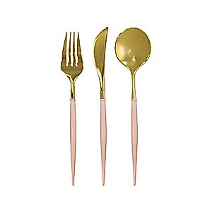 Sophistiplate Bella Flatware Cutlery Set for 12 | Fork, Spoons & Knives Silverware Utensil Set | Reusable Dinnerware Sets Plastic & Top Rack Dishwasher Safe | Gold with Blush Handle 36 Count