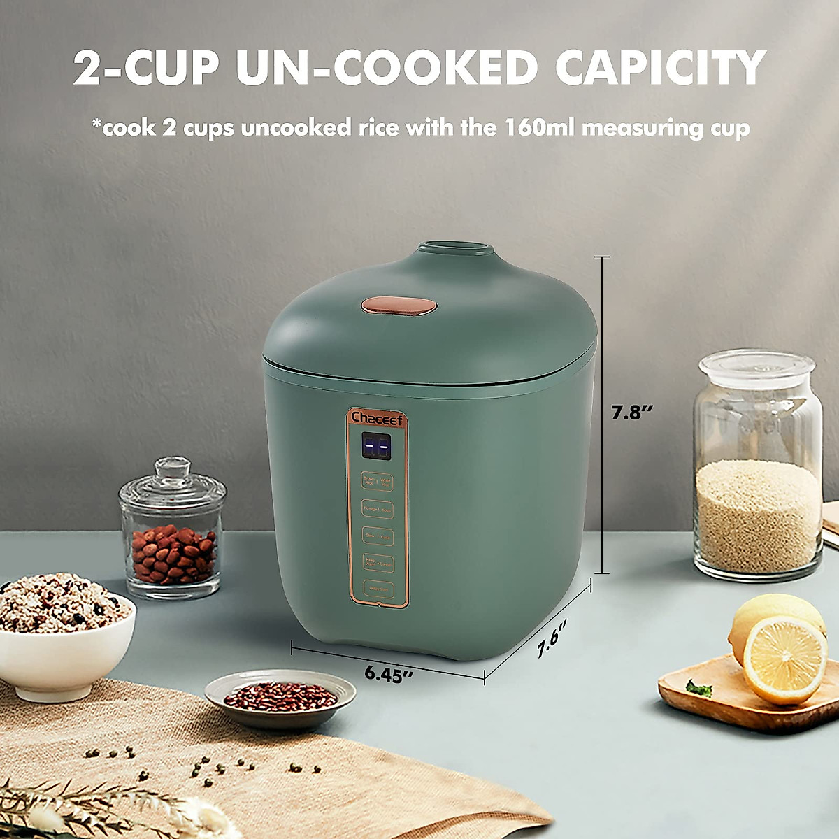 CHACEEF Mini Rice Cooker 2-Cups Uncooked, 1.2L Portable Non-Stick Small Travel Rice Cooker, Green & CHACEEF Travel Electric Kettle, 350ml Small Portable Kettle with 304 Stainless Steel