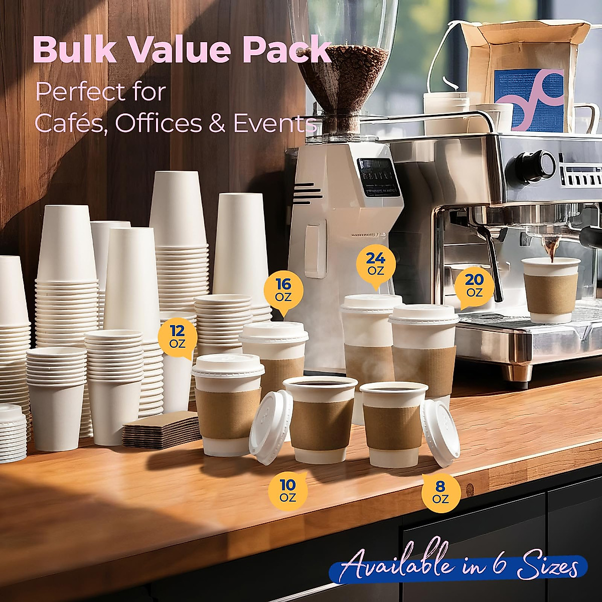 [50 Pack] White Coffee Cups with White Dome Lids and Brown Sleeves - 12oz Disposable Paper Coffee Cups - To Go Cups for Hot Chocolate, Tea, and Other Drinks - Ideal for Cafes, Bistros, and Businesses