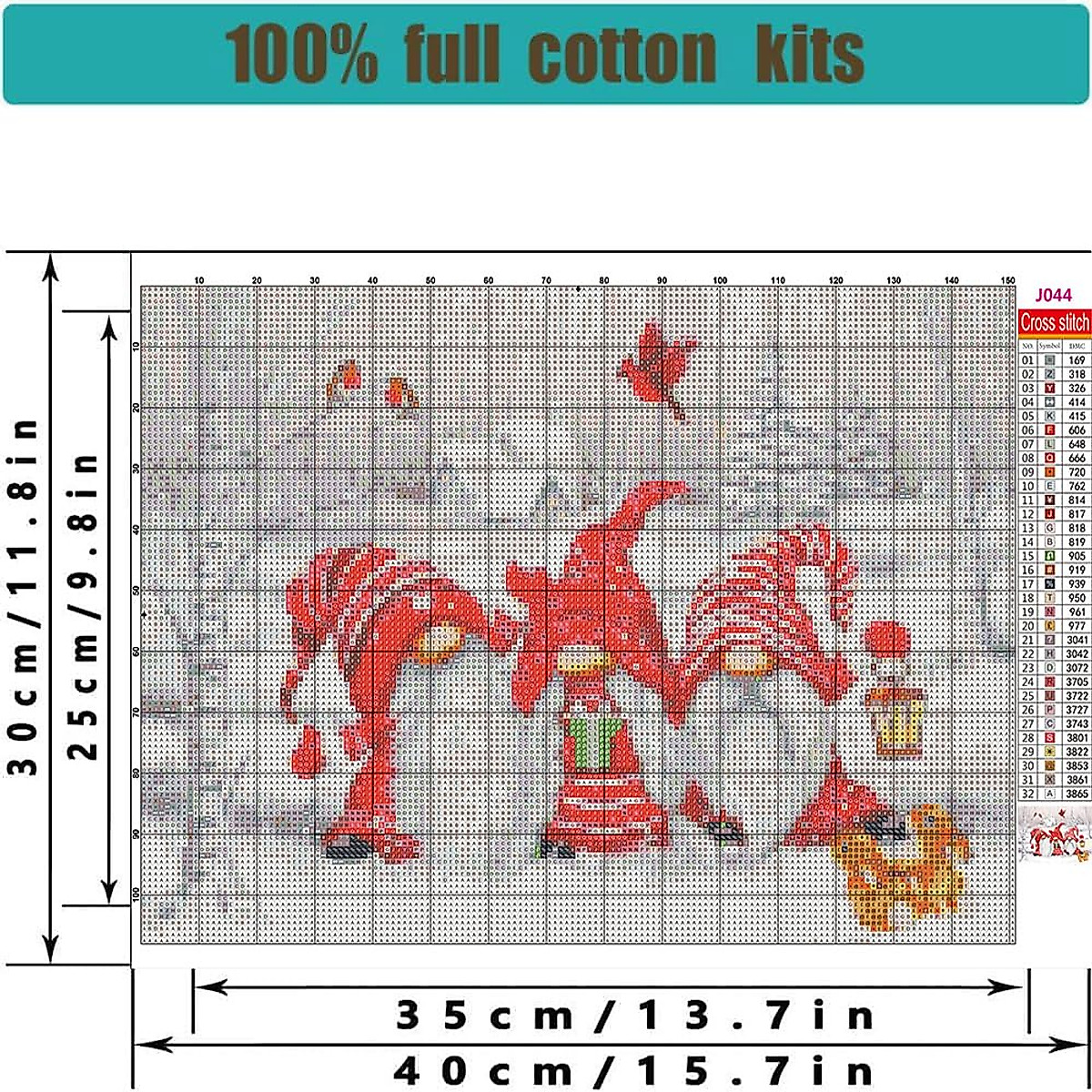 WUSARPLY Christmas Stamped Cross Stitch Kits - Gnome Counted for Beginners Adults Needlepoint Cross-Stitch Patterns Dimensions Needlecrafts Embroidery Arts and Crafts 11.8''x15.8''