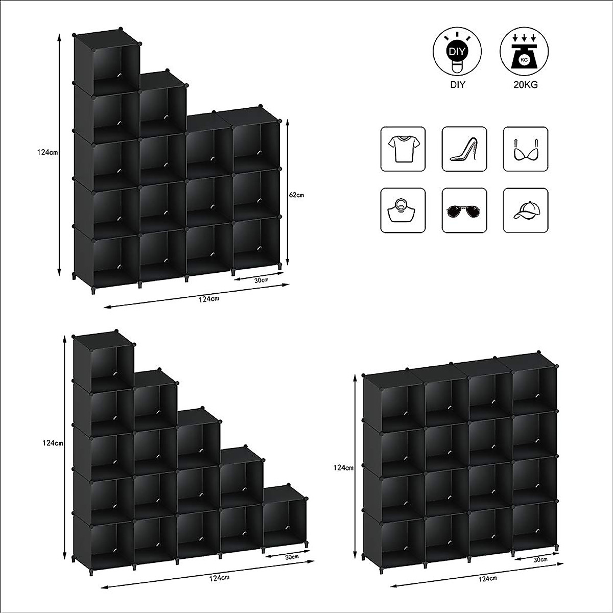 SIMPDIY Storage Modular Cubes 16 Cubes Black (124x124x30cm) Plastic Portable Organizer Bookshelf Shelf Rack