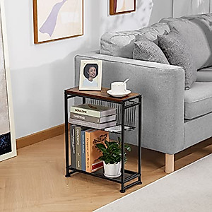 Small Side Table for Small Spaces - Slim End Table with Magazine Holder - 2 in 1 Design Narrow End Table Living Room - Skinny Bedside Table Nightstand Bedroom Thin Side Table, Rustic Brown