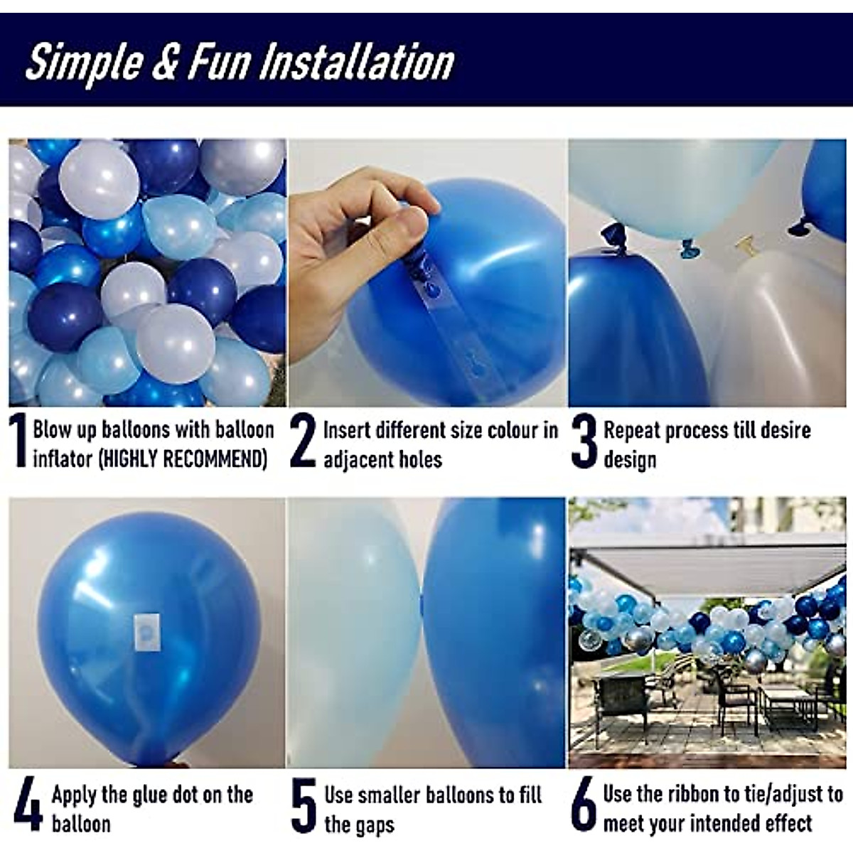 EZYLINKER Blue Balloon Garland Arch Kit - (130Pcs) Set of Blue Balloons, White Balloons, Light Blue, and Metallic Silver Balloons - ideal for Birthday Decorations, Wedding Parties, Baby Shower, etc