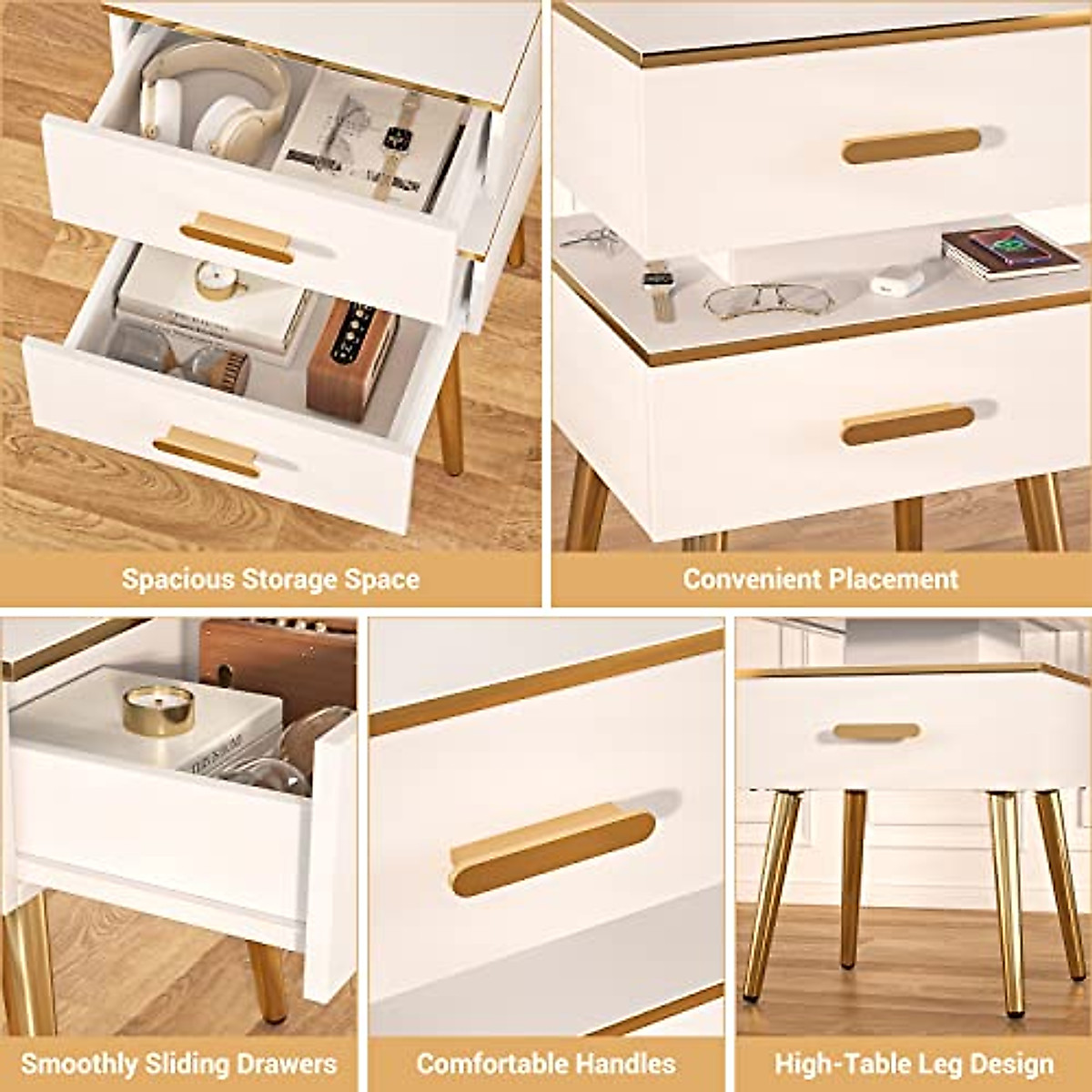 Cyclysio 28.5'' White Nightstand with Charging Station, Tall Bedside Tables with Led Lights, Bed Side Table Night Stand with Drawers for Bedroom and Sofa Side, Bright White Finishing