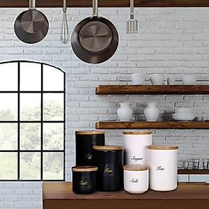 Yangbaga Canisters Sets for Kitchen-Set of 3 Kitchen Canisters for Countertop with Airtight Bamboo Lids/Spoons/Stickers, Ceramic Food Storage Containers for Large Flour,Suger,Coffee (42/30/9OZ)