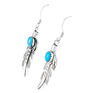 Feathers Turquoise Earrings 925 Sterling Silver & Genuine Turquoise (Turquoise)