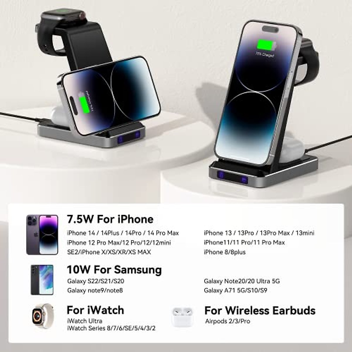 Charging Station for iPhone Multiple Devices - 3 in 1 Fast Wireless Charger Dock Stand for iPhone 14 13 12 11 Pro X Max XS XR 8 7 Plus 6s 6 Apple Watch Series 7 6 SE 5 4 3 2 & Airpods with Adapter