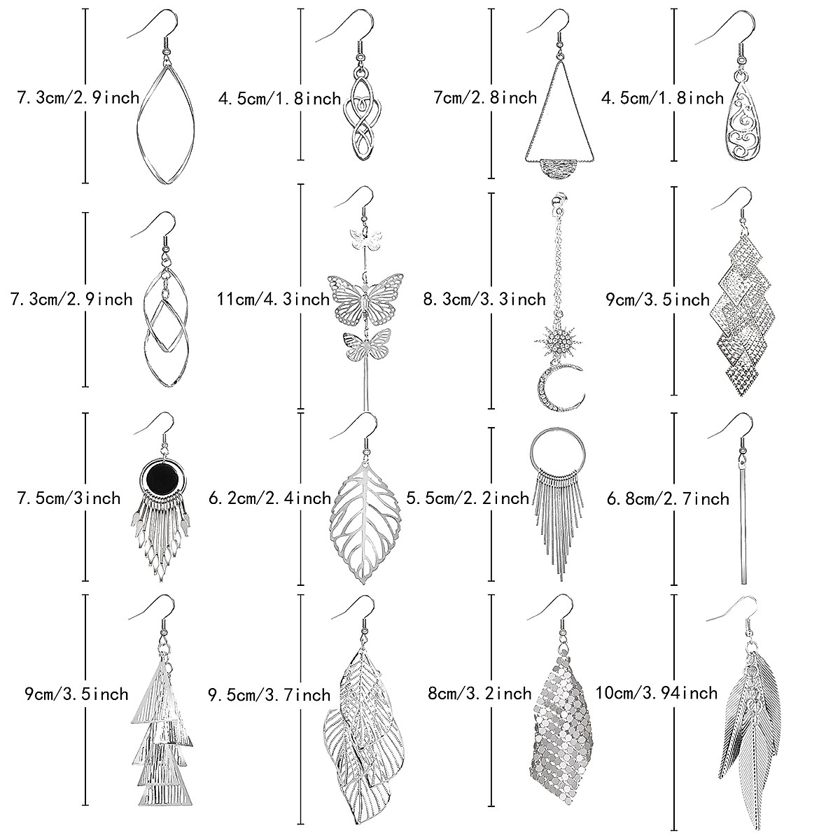 Dangle Earrings for Women, Funtopia 16 Pairs Statement Earrings Butterfly Moon Earring Sets Boho Fashion Jewelry for Birthday Party Wedding, Silver Color