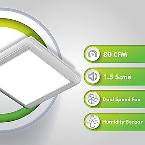 Homewerks 7145-80V-HS Dual Speed Bathroom Exhaust Fan with Integrated Dimmable LED and Automating Humidity Sensor, 1.0-1.5 Sones 80-110 CFM, Smart Moisture White