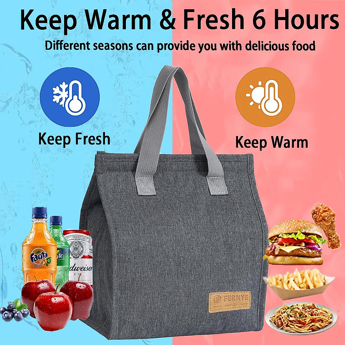 FERNYE Lunch Bag for Women/Men,Waterproof Reusable Portable Lunch Tote,Lunch Box Bag.Thermal Cooler Bag Ideal for Work/Party/l/Travel/Picnic (Light Gray)