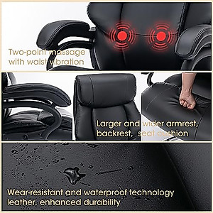 Big and Tall Office Chair for Heavy People 400 lbs, High Back Executive Office Chair with 2-Point Massage and Technological Leather, Plus Size Office Chair with Strong Metal Base Quiet Wheels
