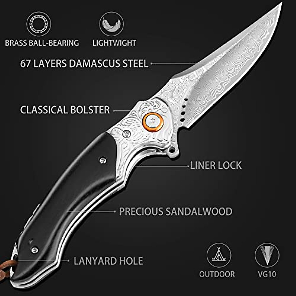 LOTHAR Damascus Pocket Knife for Men, 7.78" VG10 Folding Knife with Retro Leather Sheath,Sandalwood Handle, Classical Bolster, Lanyard Hole, EDC Knife Anniversaries, Christmas, elegant gifts for Men (Black)