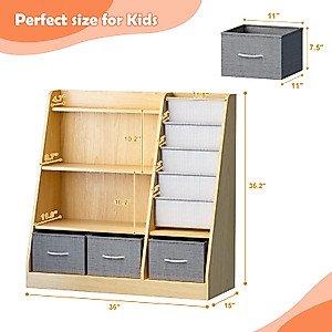 Kid Sling Bookshelf with 3 Storage Bin Drawers Baby Nursery Book Shelf Wood Book Display Shelf Toddler Toy Box Organizer Child Bookcase Montessori Book Rack Cabinet Boy Girl Kid Room Playroom Bedroom