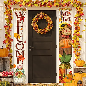Hello Fall Porch Decor Welcome Hanging Banner Thanksgiving Autumn Harvest Porch Sign Cute Scarecrow Front Door Sign 12x 72 Inch for Indoor Outdoor Home Wall Decor