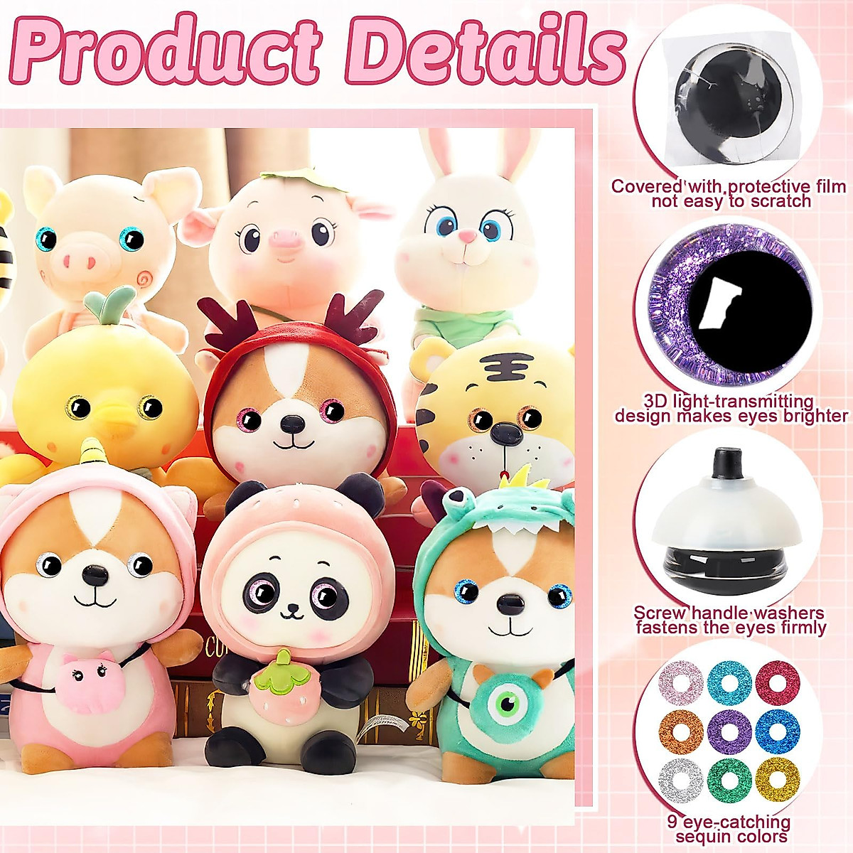 UPINS 180Pieces 18 mm 3D Glitter Plastic Safety Eyes with Washers for Amigurumi Animal Moon Eyes Plastic Craft Doll Crochet Eyes for DIY of Puppet Bear Making Supplies (9 Colors)