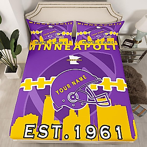 Erosebridal Customized Football Bed Sheets Set for Boys,American Football Sheet Set Twin,American Football City Sheets,Sports Flat Fitted Sheet with 1 Pillowcase,Orange Purple(Minnesota)