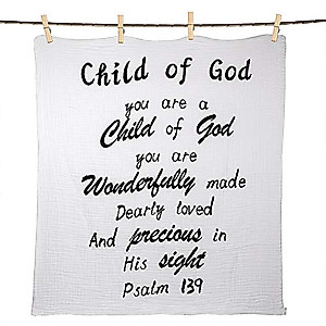 YLOVAN Baby Muslin Swaddle Blankets - ‘Child of God’ Quote - Christening, Baptism, Baby Shower, Godchild Gift for Newborn Boys and Girls (White, 47"x47")